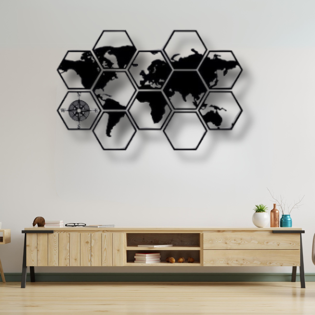 Honeycomb World Map Metal Wall Art - | Metal Art Cafe